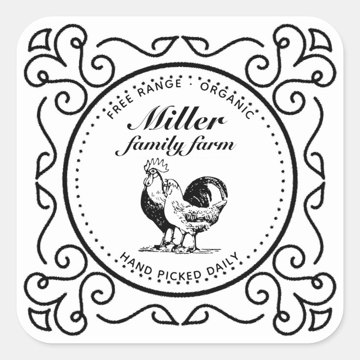decorative vintage border family chicken farm square sticker | Zazzle