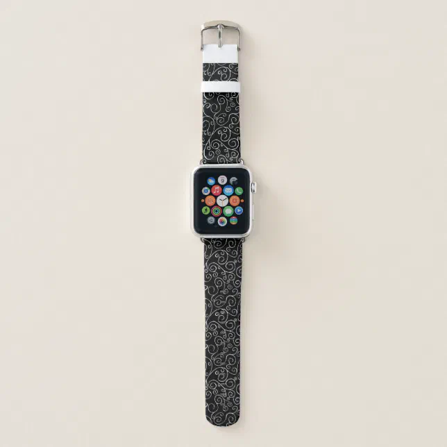 Decorative White Scrolling Curves on Black Apple Watch Band | Zazzle