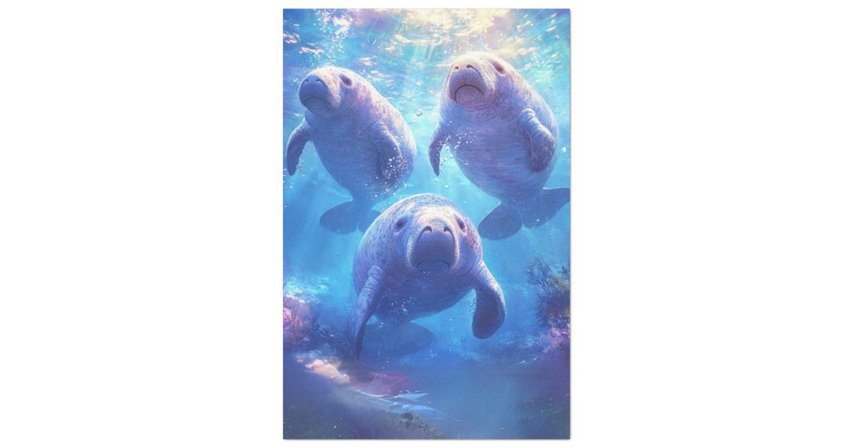 Decoupage Blue Ocean Waters Sad Manatee Family Tissue Paper | Zazzle