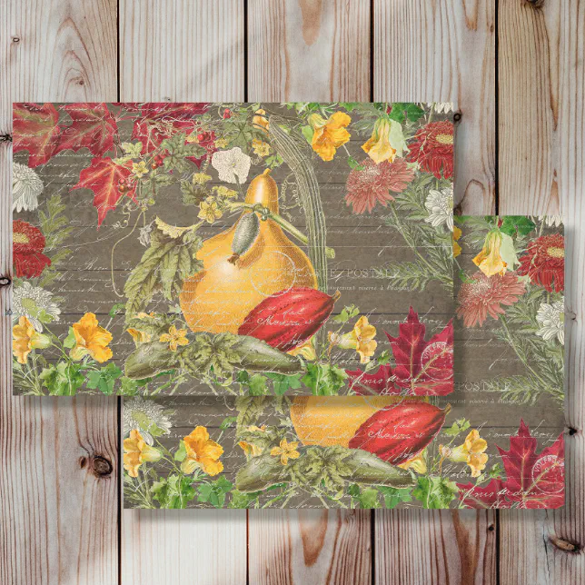 Decoupage Fall Gourds Pumpkin Rustic Dark Wood Tissue Paper | Zazzle
