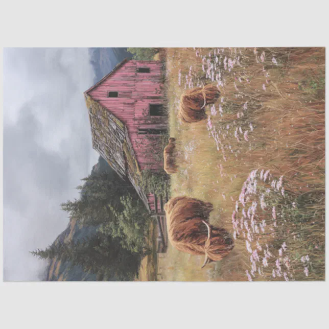 Decoupage Highland Cows Lush Fields Pink Barn Tissue Paper | Zazzle