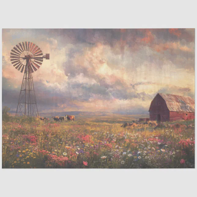 Decoupage Landscape Windmill Red Barn Wildflowers Tissue Paper | Zazzle