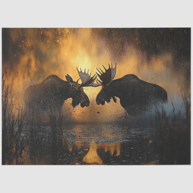 Decoupage Moose Fighting Sunset Scene Hunting Tissue Paper | Zazzle
