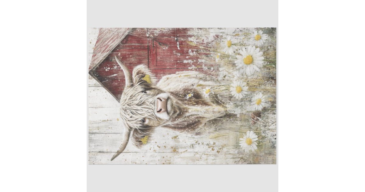 Decoupage Red Barn Highland Cow Flower Field Tissue Paper | Zazzle