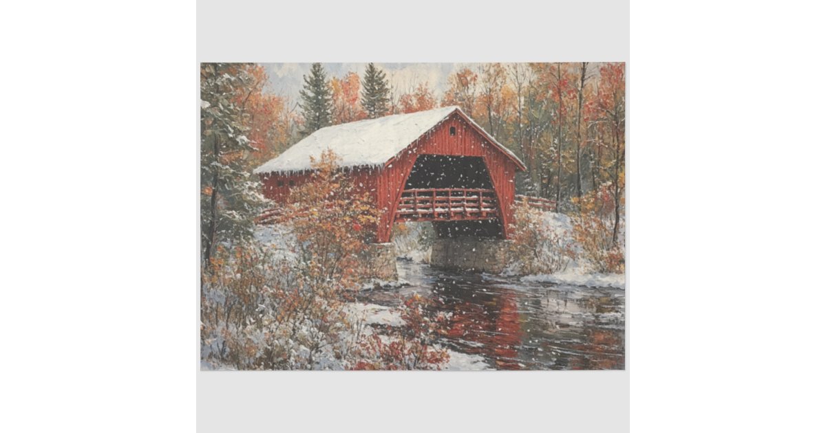 Decoupage Red Covered Bridge Winter Scene Tissue Paper | Zazzle