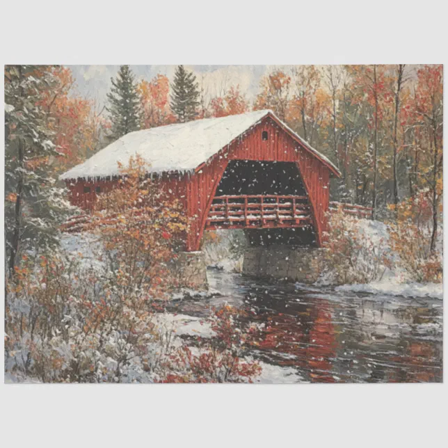 Decoupage Red Covered Bridge Winter Scene Tissue Paper | Zazzle