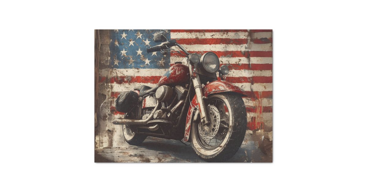 Decoupage Vintage Weathered Motorcycle With Flag Tissue Paper | Zazzle