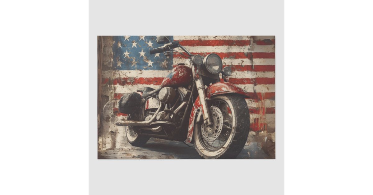 Decoupage Vintage Weathered Motorcycle With Flag Tissue Paper | Zazzle