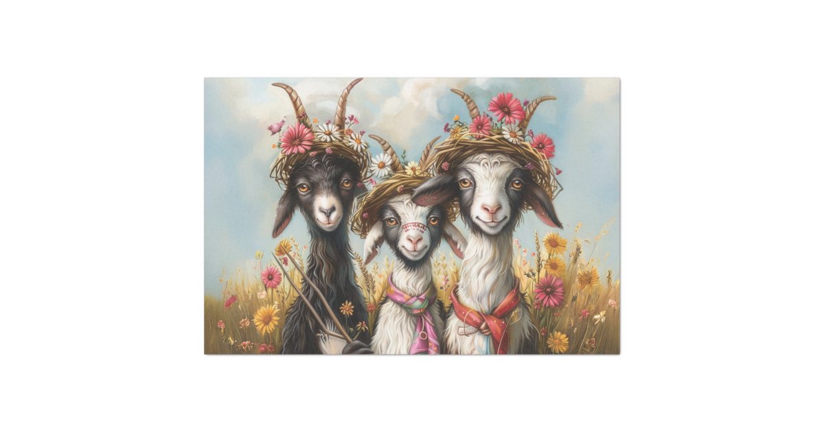 Decoupage Whimsical 3 Goats In Field Tissue Paper | Zazzle