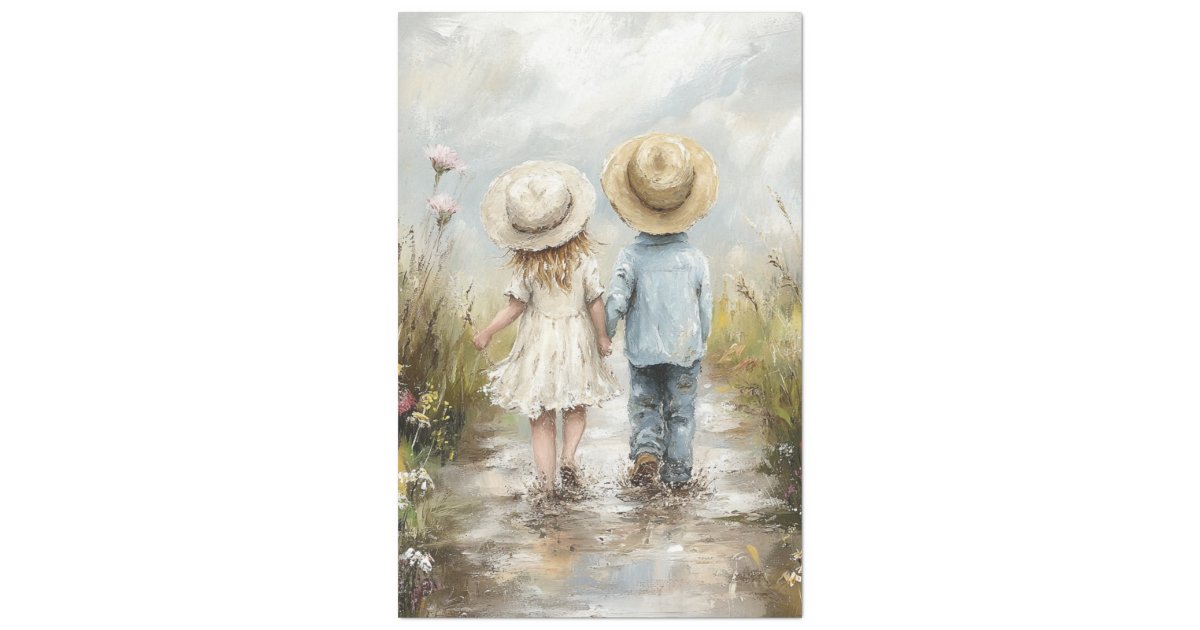 Decoupage Whimsical Boy Girl Walking Mud Road Tissue Paper | Zazzle