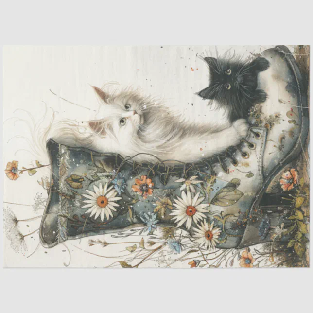 Decoupage Whimsical Cats & Vintage Boot Flowers Tissue Paper | Zazzle