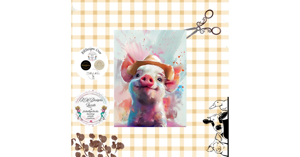 Decoupage Whimsical Farm Pig with Hat on Farm Tissue Paper | Zazzle