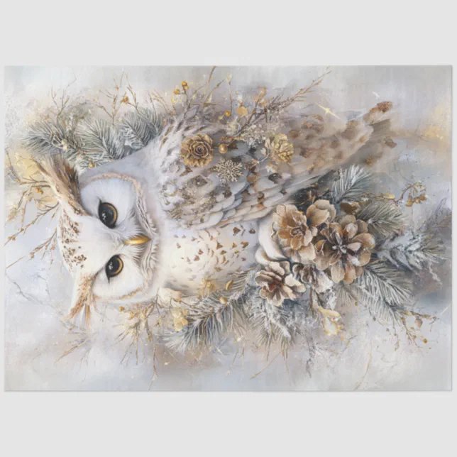 Decoupage White Owl Golden Accents Peaceful Tissue Paper | Zazzle
