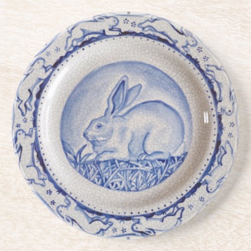 "Dedham Blue" & White Rabbit Plate Design Coaster | Zazzle