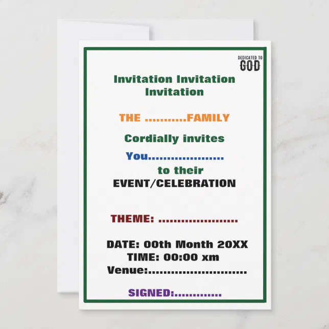 DEDICATED TO GOD CUSTOMIZABLE COOL BLACK TEXT INVITATION | Zazzle