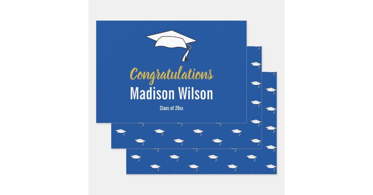 Deep Blue and White Graduation Congratulations Wrapping Paper Sheets ...