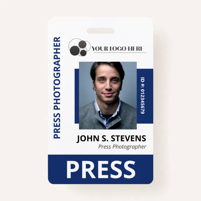 Deep Blue Photo & Logo Press ID Badge | Zazzle