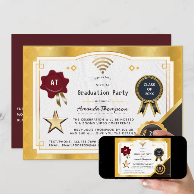 Deep Burgundy and Gold Virtual Graduation Party Invitation | Zazzle