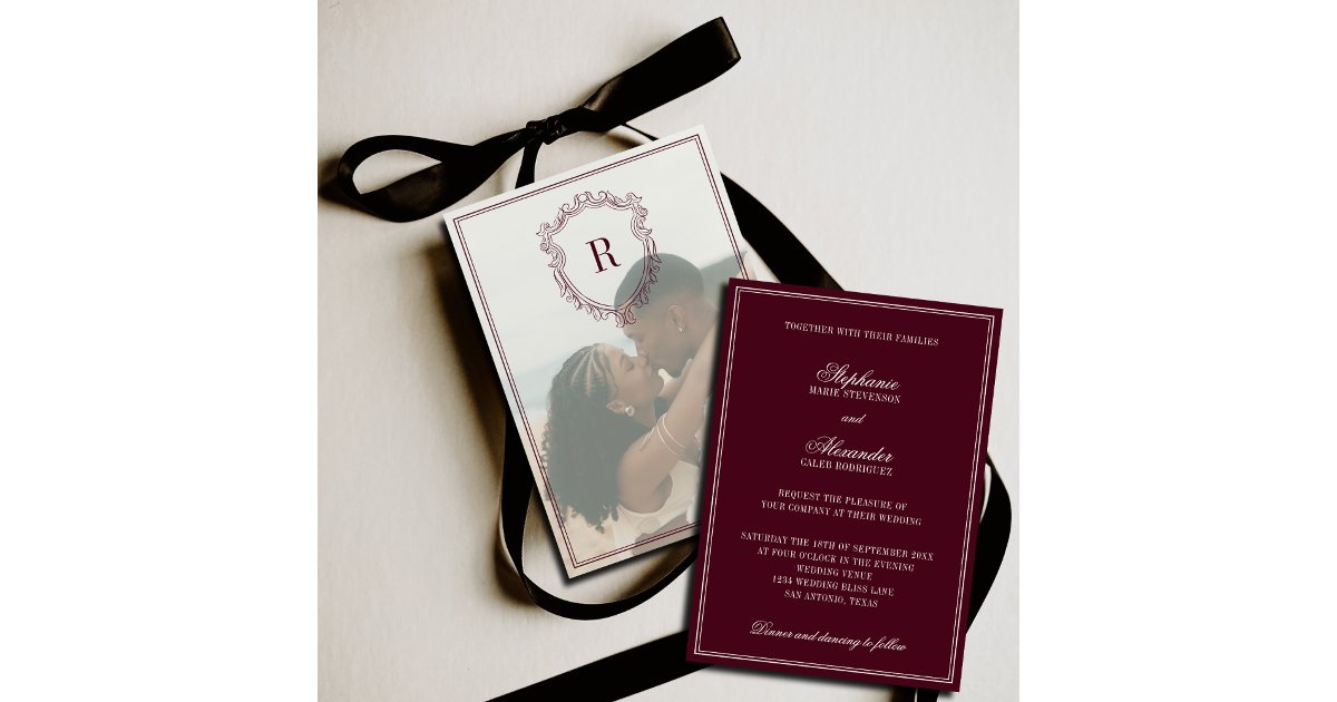 Deep Burgundy Ivory Crest Old Money Photo Wedding Invitation | Zazzle