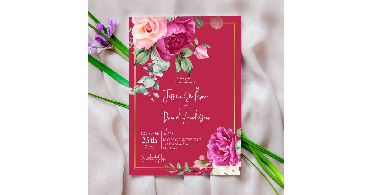 Deep magenta floral elegant wedding invitation | Zazzle