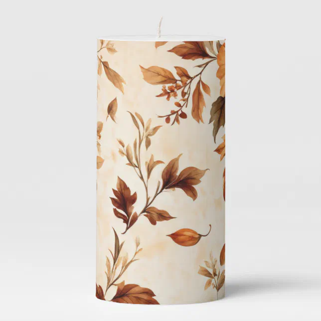 Deep Orange Amber Vintage Floral Autumn Pattern Pillar Candle | Zazzle