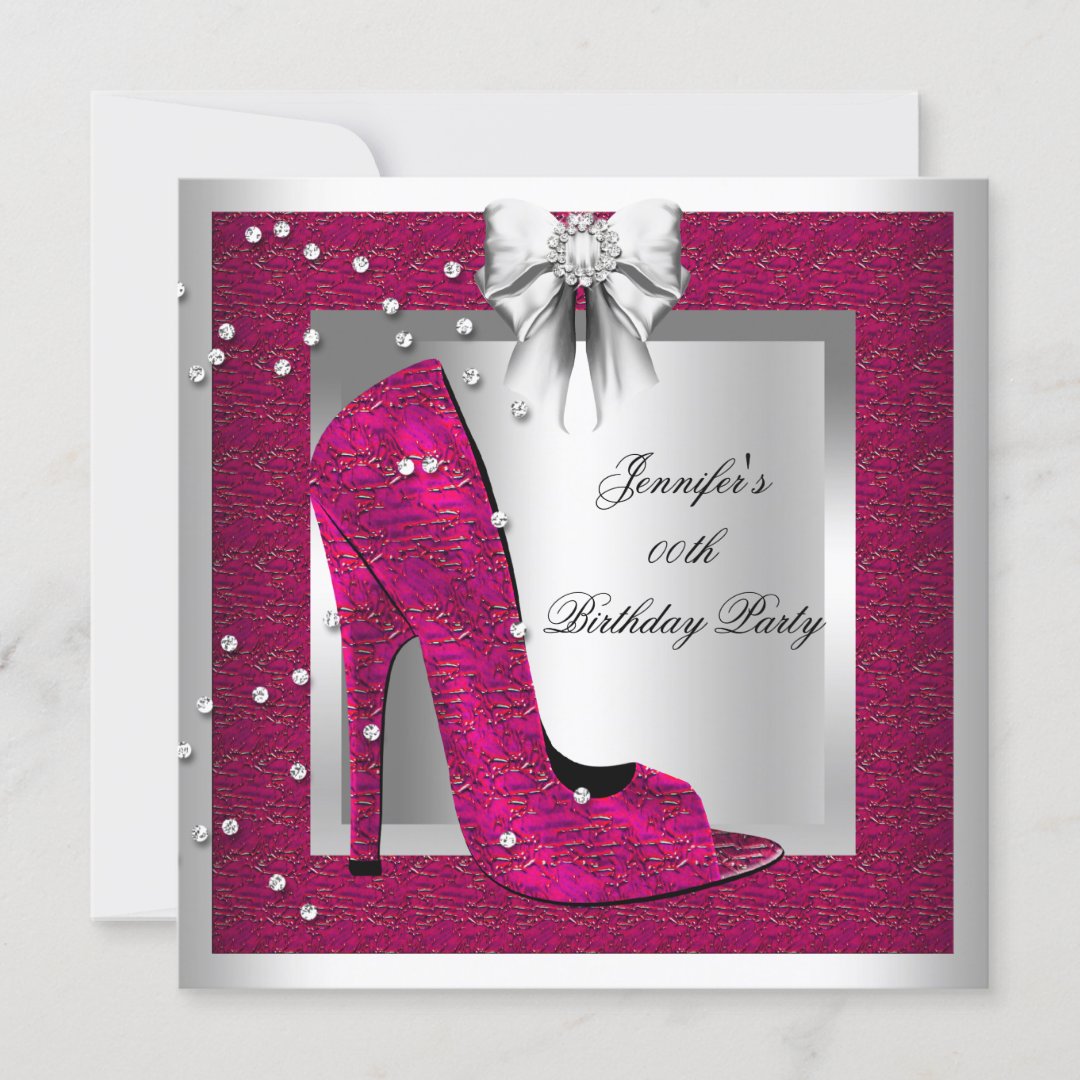 Deep Pink Silver High Heel Shoe Birthday Party Invitation | Zazzle