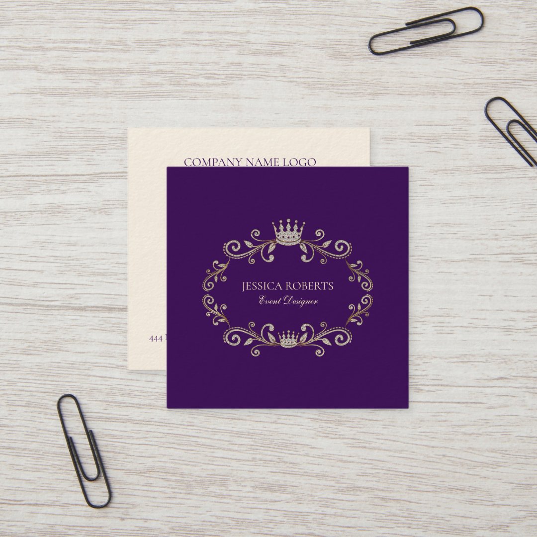 Deep Purple And Silver Glitter Ornate Frame Square Business Card | Zazzle