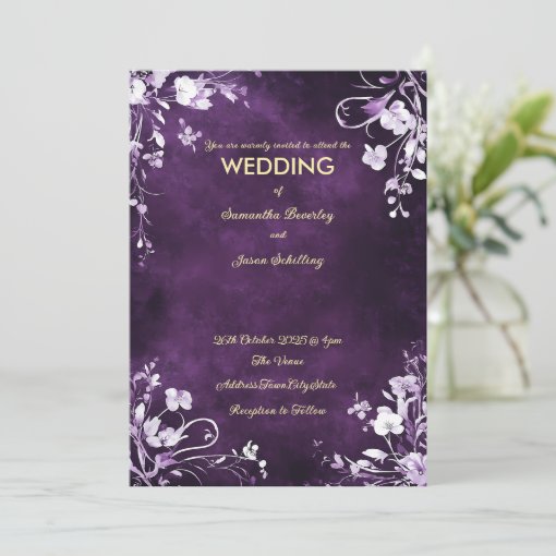 Deep Purple background with white floral borders Invitation | Zazzle