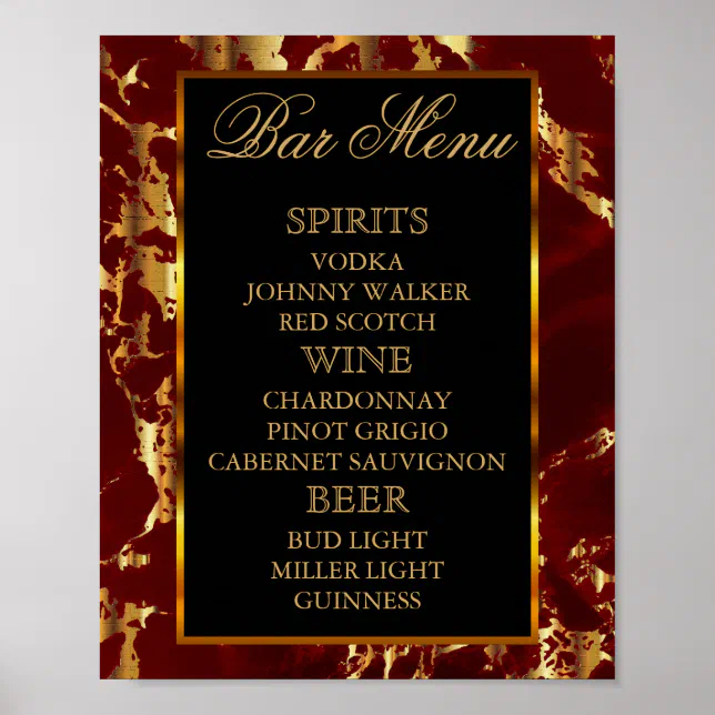 Deep Red and Gold Marble and Black - Bar Menu Poster | Zazzle