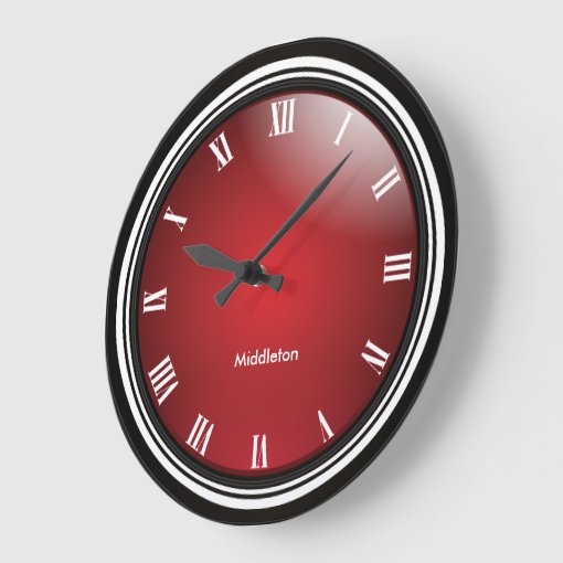 Deep Red, Black & White with Roman Numbers Large Clock | Zazzle