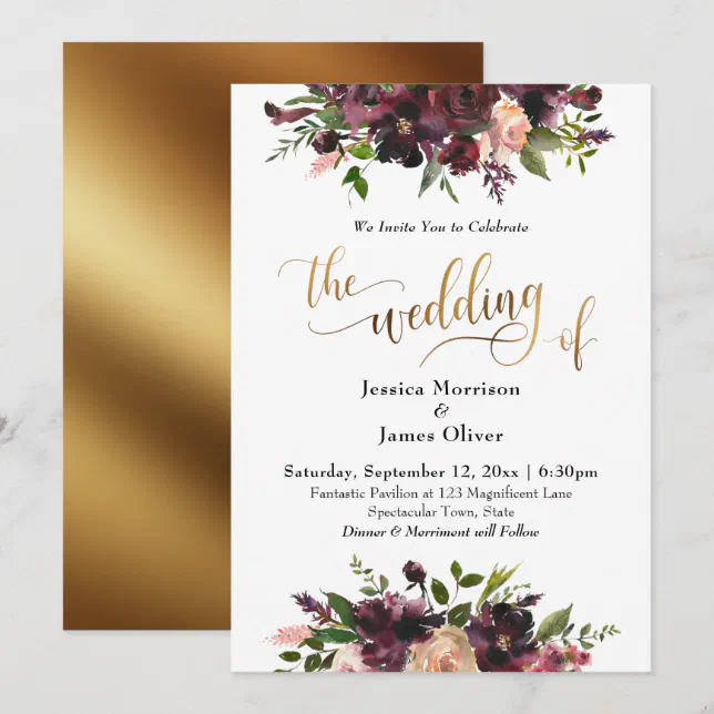 Deep Red Burgundy Floral Gold The Wedding of Invitation | Zazzle