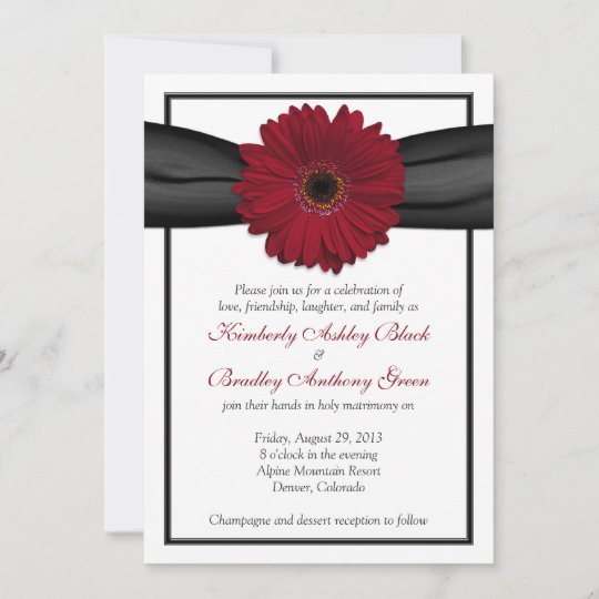 Deep Red Daisy Black Ribbon Wedding Invitation | Zazzle.com