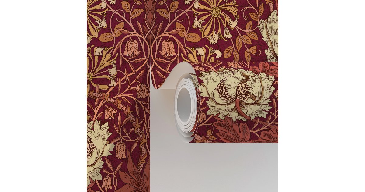 Deep Red & Gold Victorian Honeysuckle Wallpaper | Zazzle