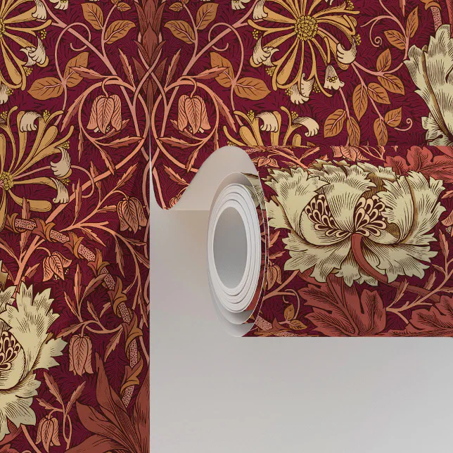 Deep Red & Gold Victorian Honeysuckle Wallpaper | Zazzle