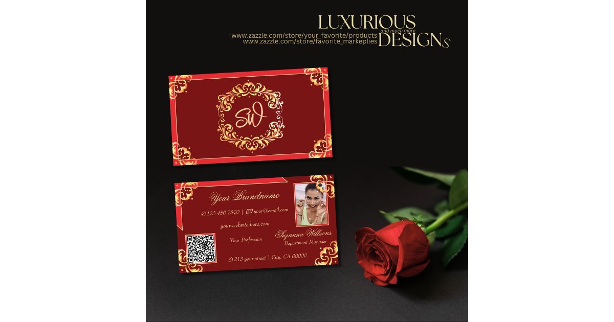 Deep Red Golden Ornate Monogram Photo QR Code Business Card | Zazzle