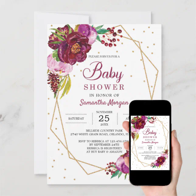 Deep red maroon bright pink gold boho baby shower invitation | Zazzle