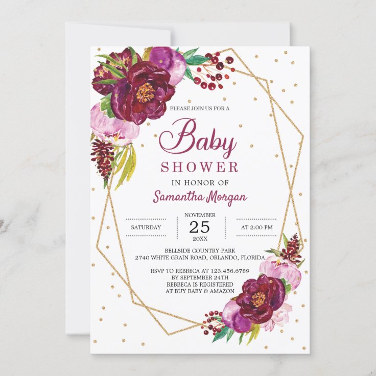 Deep red maroon bright pink gold boho baby shower invitation | Zazzle