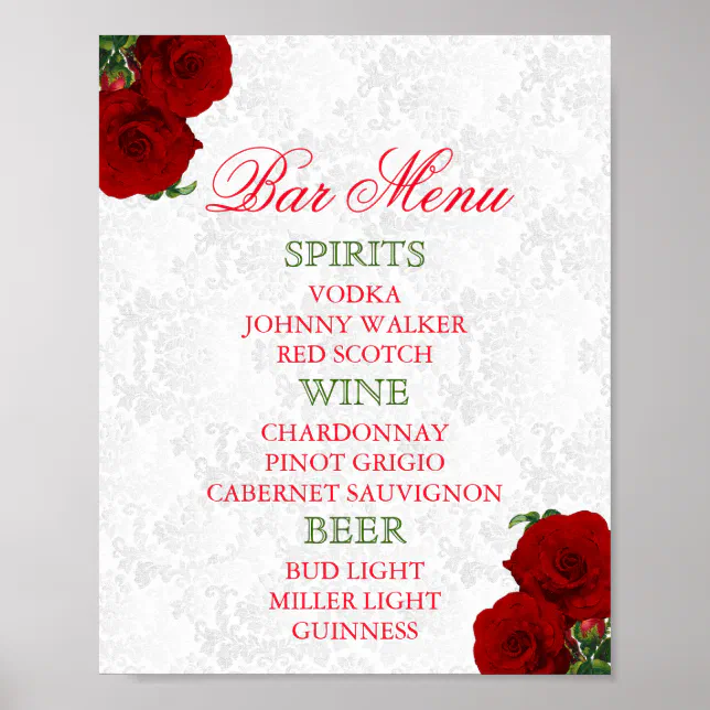 Deep Red Rose Floral Wedding - Bar Menu Poster | Zazzle