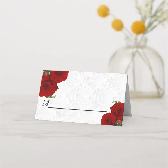 Deep Red Rose Floral Wedding Place Card | Zazzle