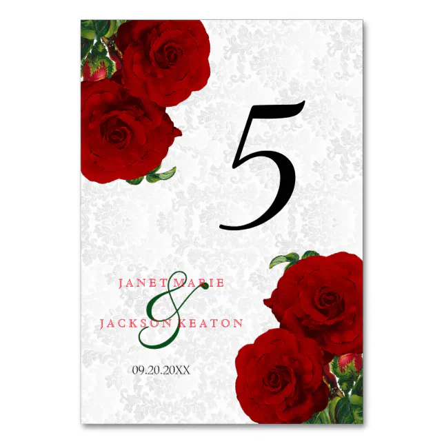 Deep Red Rose Floral Wedding - Table Card | Zazzle