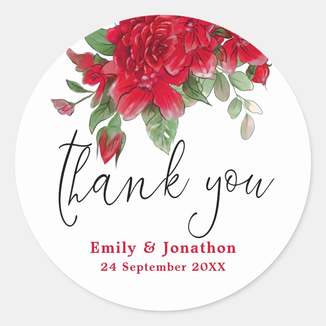 Deep Red Roses Elegant Script Thank You Names Classic Round Sticker ...