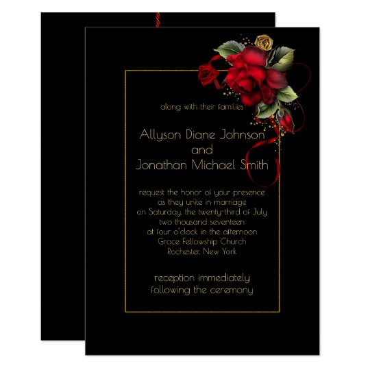 Deep Red Roses Greenery Gold Sparkles Wedding | Invitation | Zazzle.com
