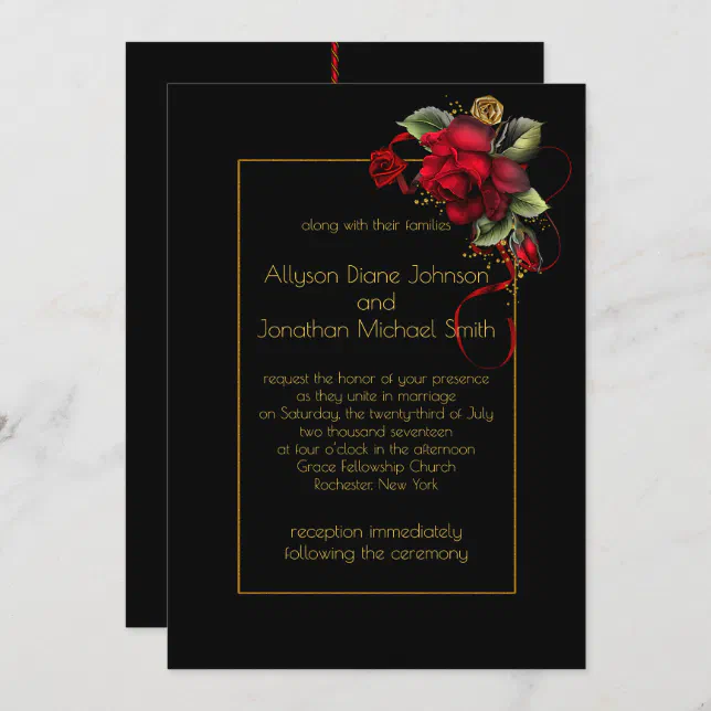 Deep Red Roses Greenery Gold Sparkles Wedding | Invitation | Zazzle