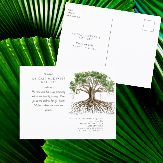 Deep Roots Tree Celebration of Life Invitation Postcard | Zazzle