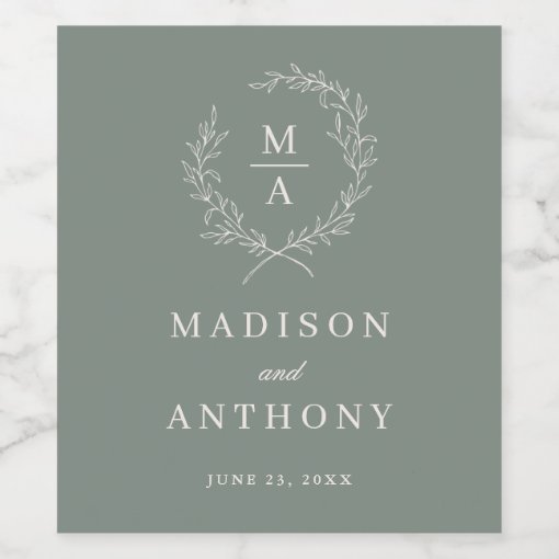 Deep Sage Simple Elegant Monogram Wedding Wine Label | Zazzle