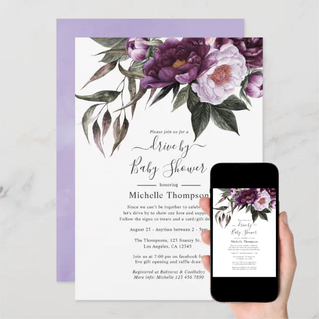 Deep Velvet Floral Drive By Bridal or Baby Shower Invitation | Zazzle