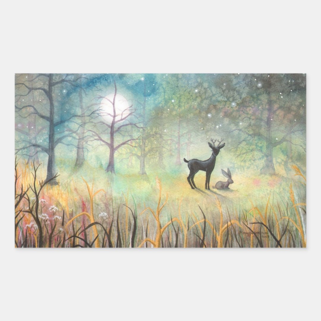 Deer and Rabbit Fantasy Wildlife Art Rectangular Sticker | Zazzle