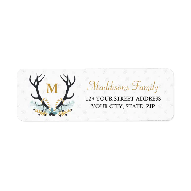 Deer Antler Wreath Gold Monogram Address Label | Zazzle