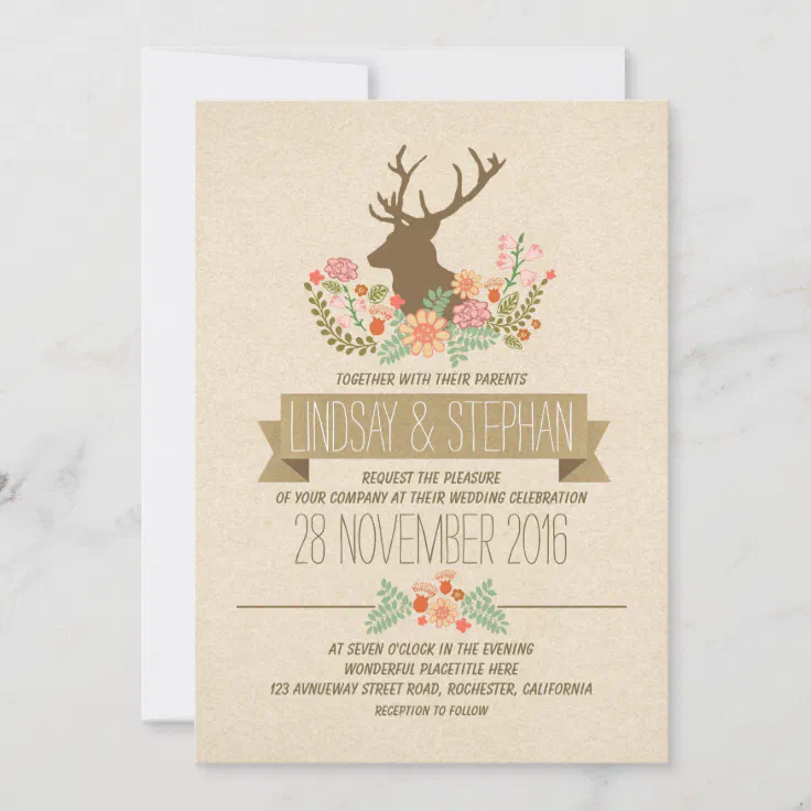 Deer antlers romantic rustic wedding invitations | Zazzle