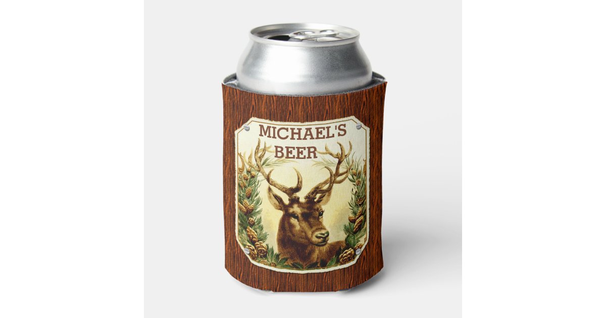 Deer Cabin Personalized Beer Rustic Wood Grain Can Cooler | Zazzle